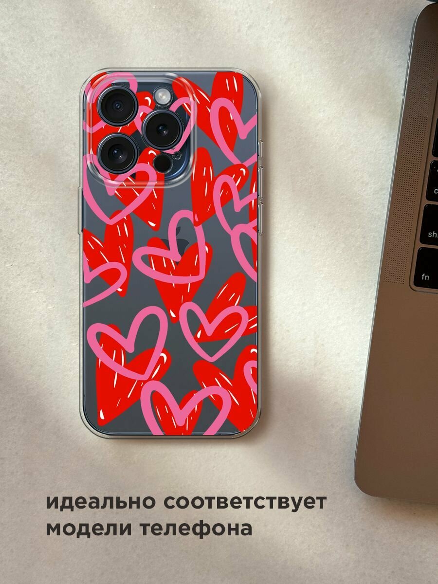 Чехол на Apple iPhone 15 Pro / Айфон 15 Про с принтом "Hearts doodles - 14 февраля", прозрачный — фото 1