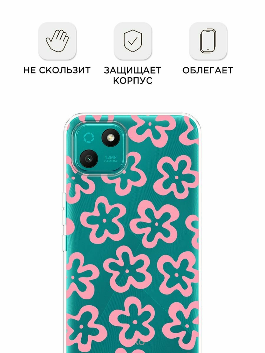 Чехол на Wiko T10 / Вико Т10 с принтом "Простые розовые цветочки", прозрачный — фото 1