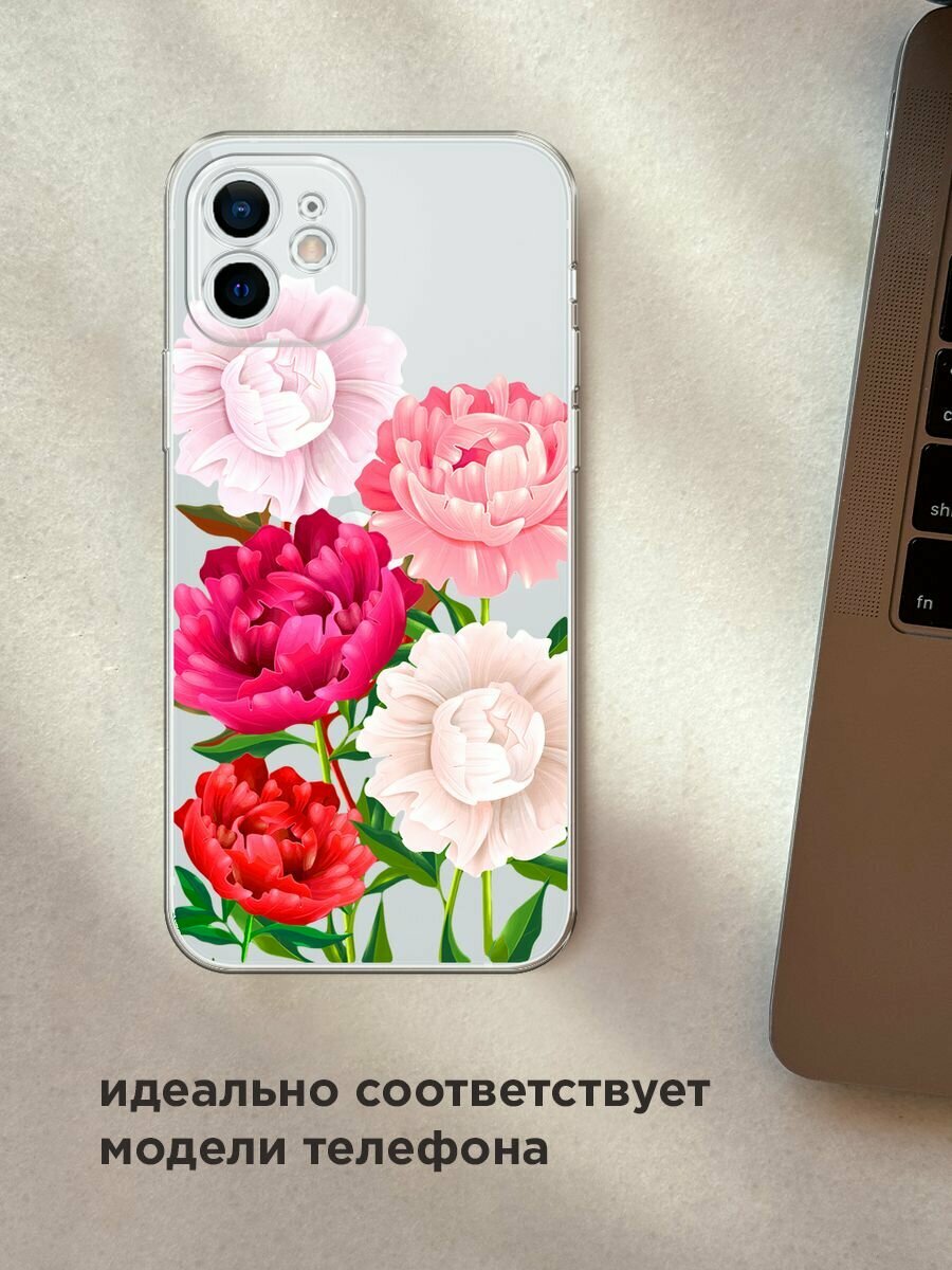 Чехол на Apple iPhone 12 mini / Айфон 12 Мини с принтом "Большие пионы", прозрачный — фото 1
