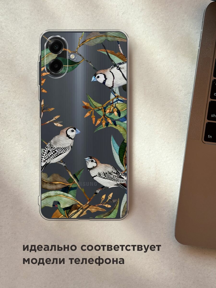 Чехол на Samsung Galaxy A07 / Самсунг А07 с принтом "Птицы в листве", прозрачный — фото 1