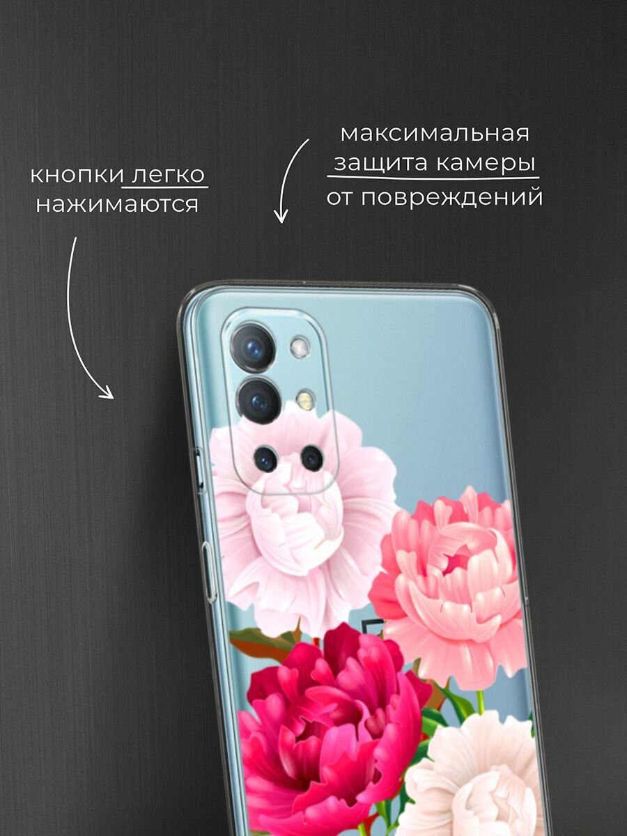 Чехол на OnePlus 9R / ВанПлас 9R с принтом "Большие пионы", прозрачный — фото 1
