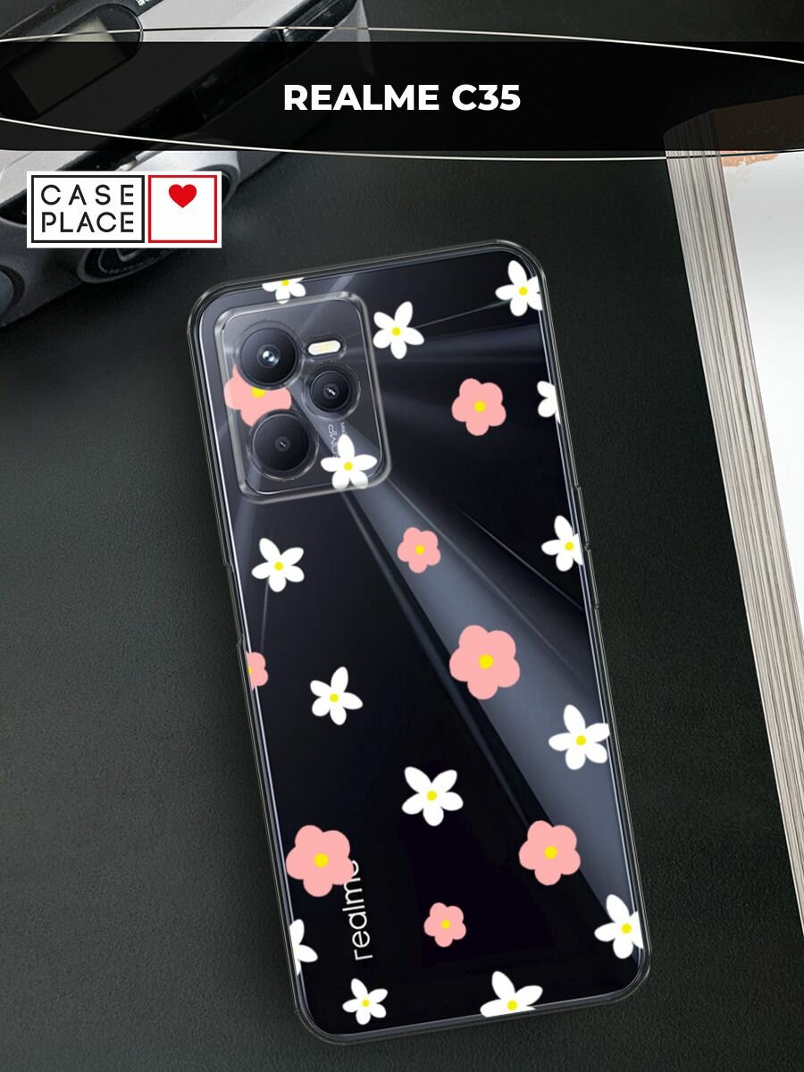Чехол на Realme C35 / Реалми C35 с принтом "Розовые и белые цветы", прозрачный