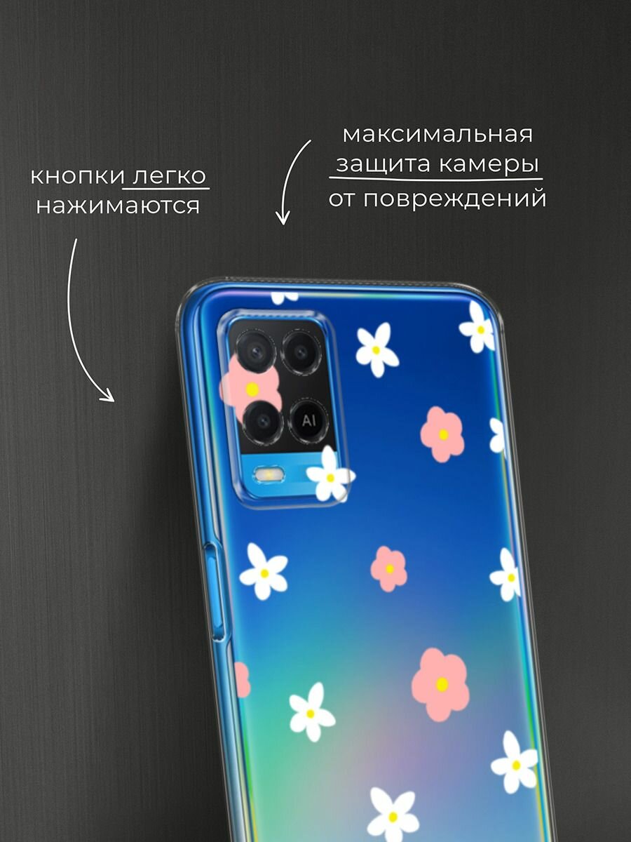 Чехол на Oppo A54 / Оппо A54 с принтом "Розовые и белые цветы", прозрачный — фото 1
