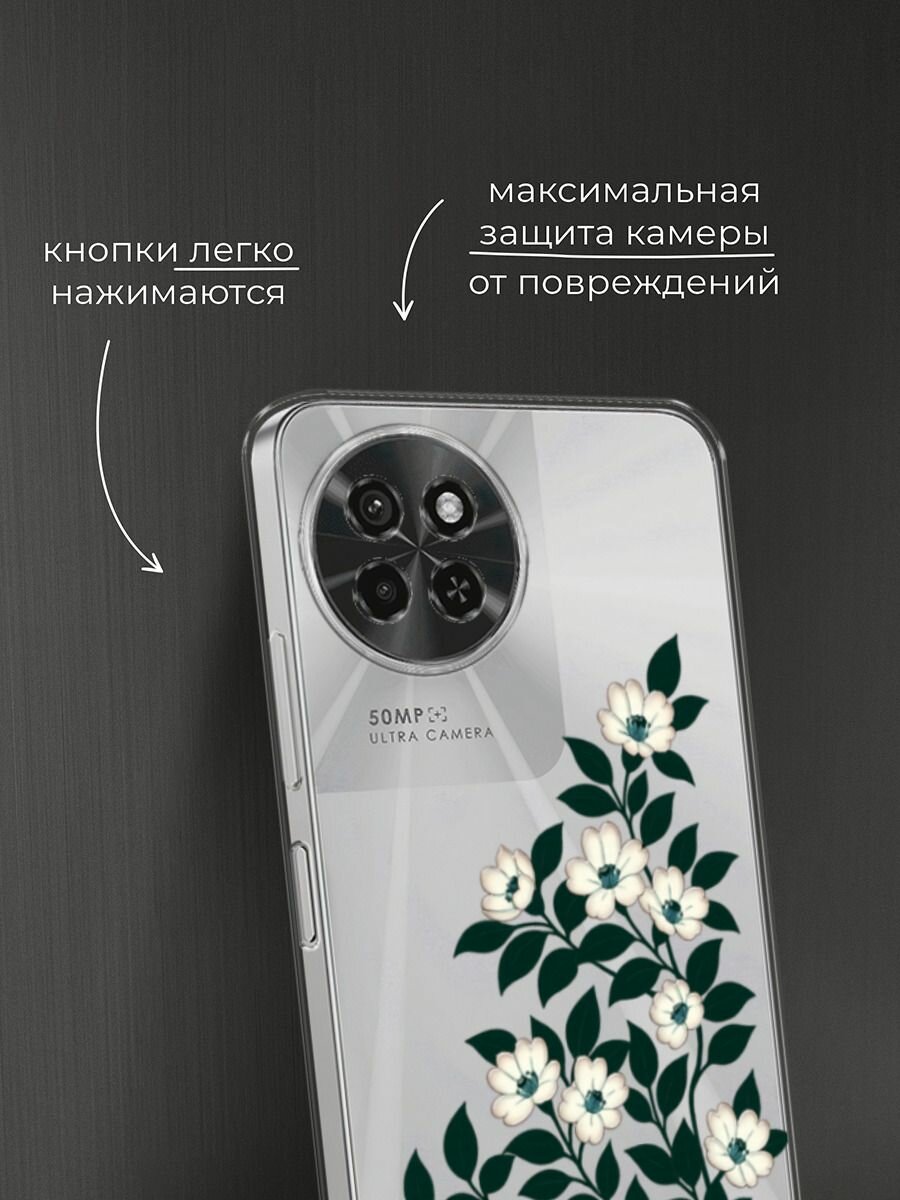 Чехол на Itel S23 / Ител S23 с принтом "Цветы с черными листьями" — фото 1
