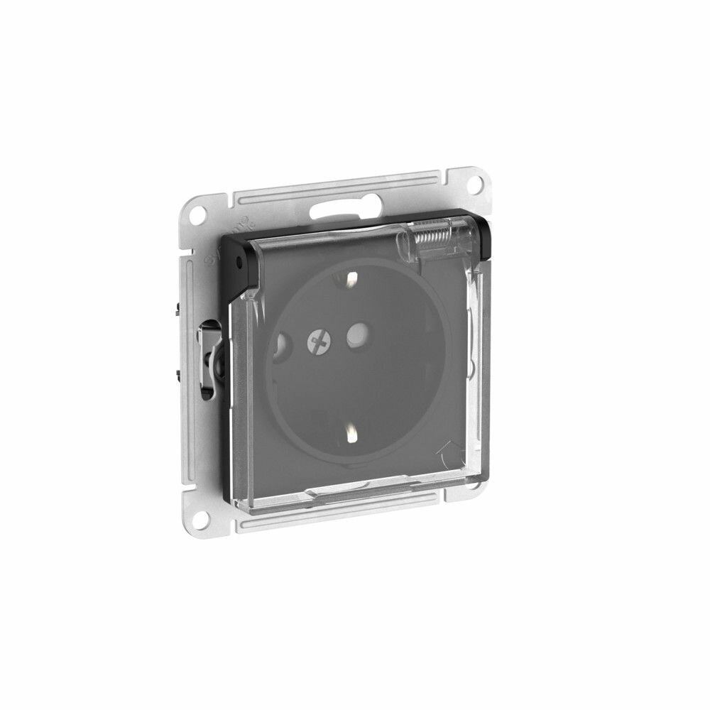 Розетка с заземлением Systeme Electric ATLASDESIGN AQUA, со шторками с прозрачной крышкой, 16А, IP44, быстрозажимные клеммы, цвет карбон