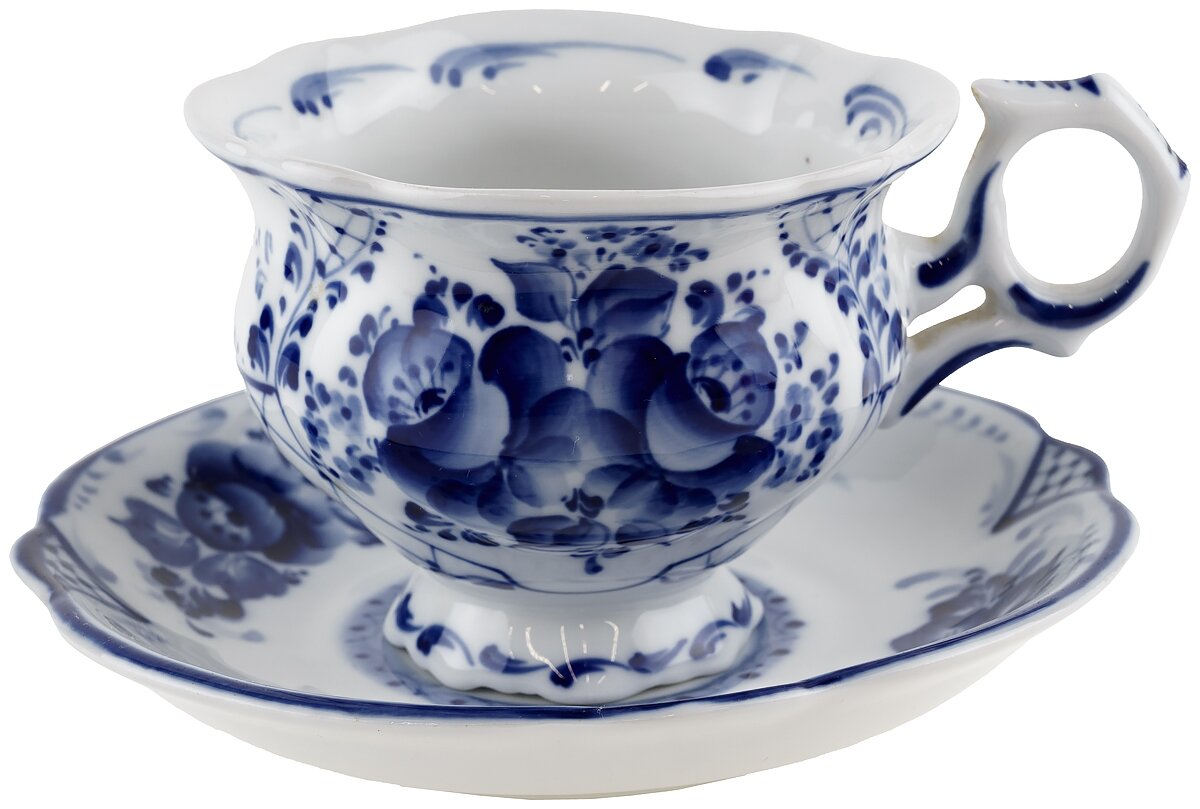 Чайная пара "Букет", фарфор, винтаж, Гжель, Россия, начало 21 века
