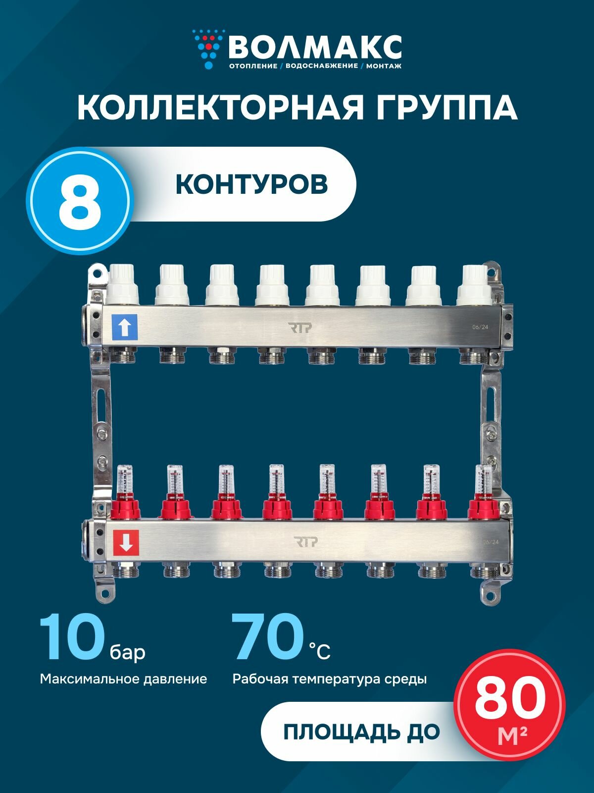 Коллекторная группа с расходомером и кронштейном 1"х3/4" 8 вых. RTP