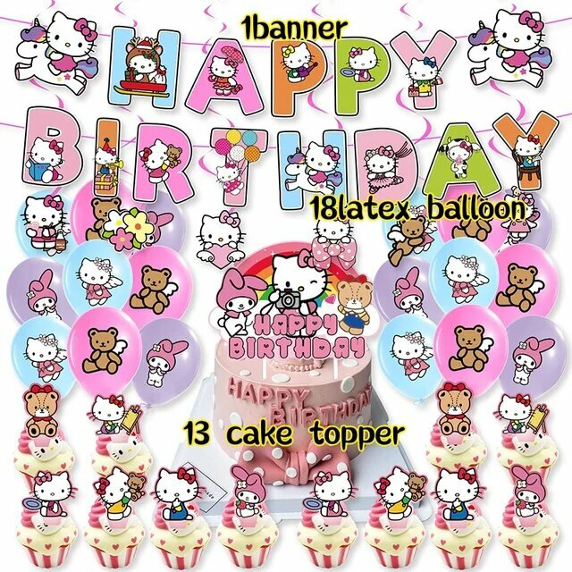 Украшения для дня рождения Hello Kitty, розовые баннеры из воздушных шаров, набор для украшения торта, надувные гелиевые шары в виде кошки Girl KT, товары для вечеринок своими руками.