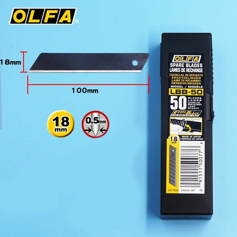 В упаковке 50 штук, японское оригинальное большое универсальное лезвие OLFA LBB-50, высококачественное черное лезвие 18 мм.
