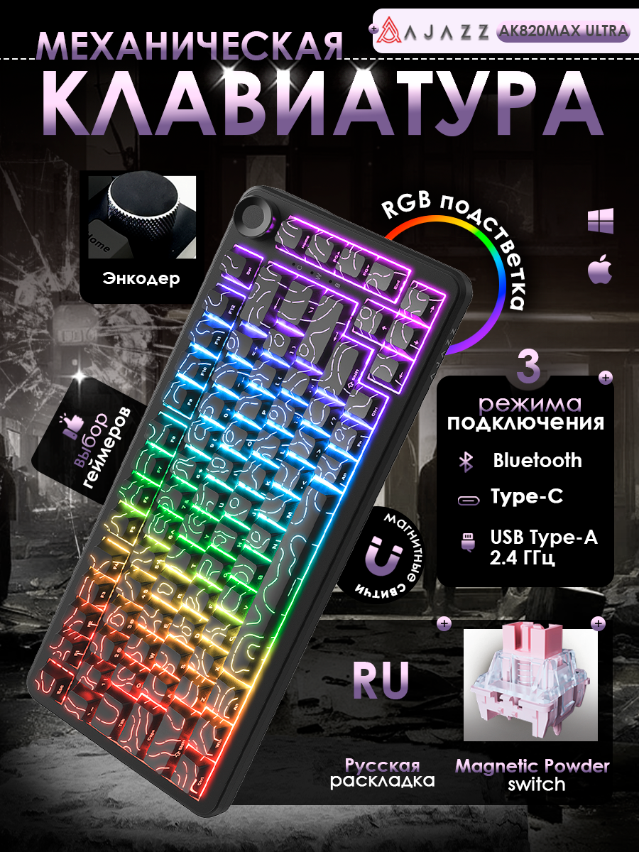 Магнитная игровая клавиатура AJAZZ AK820 MAX ULTRA Magnetic Powder Switch с подсветкой RGB