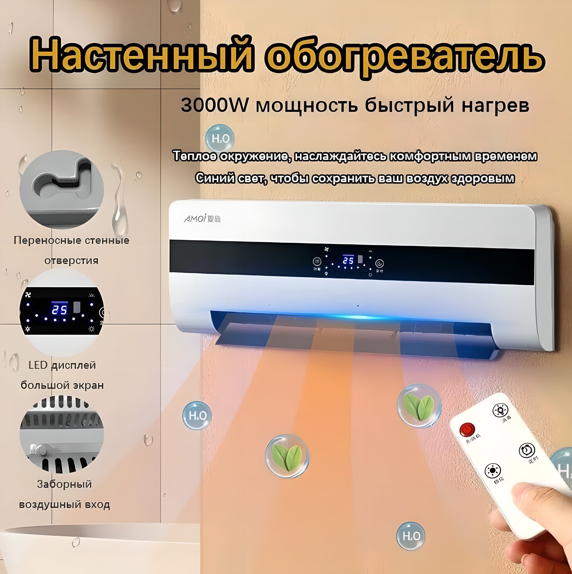 Настенный вентилятор, воздушный, электрический, керамический нагреватель, 3000 Вт, белый