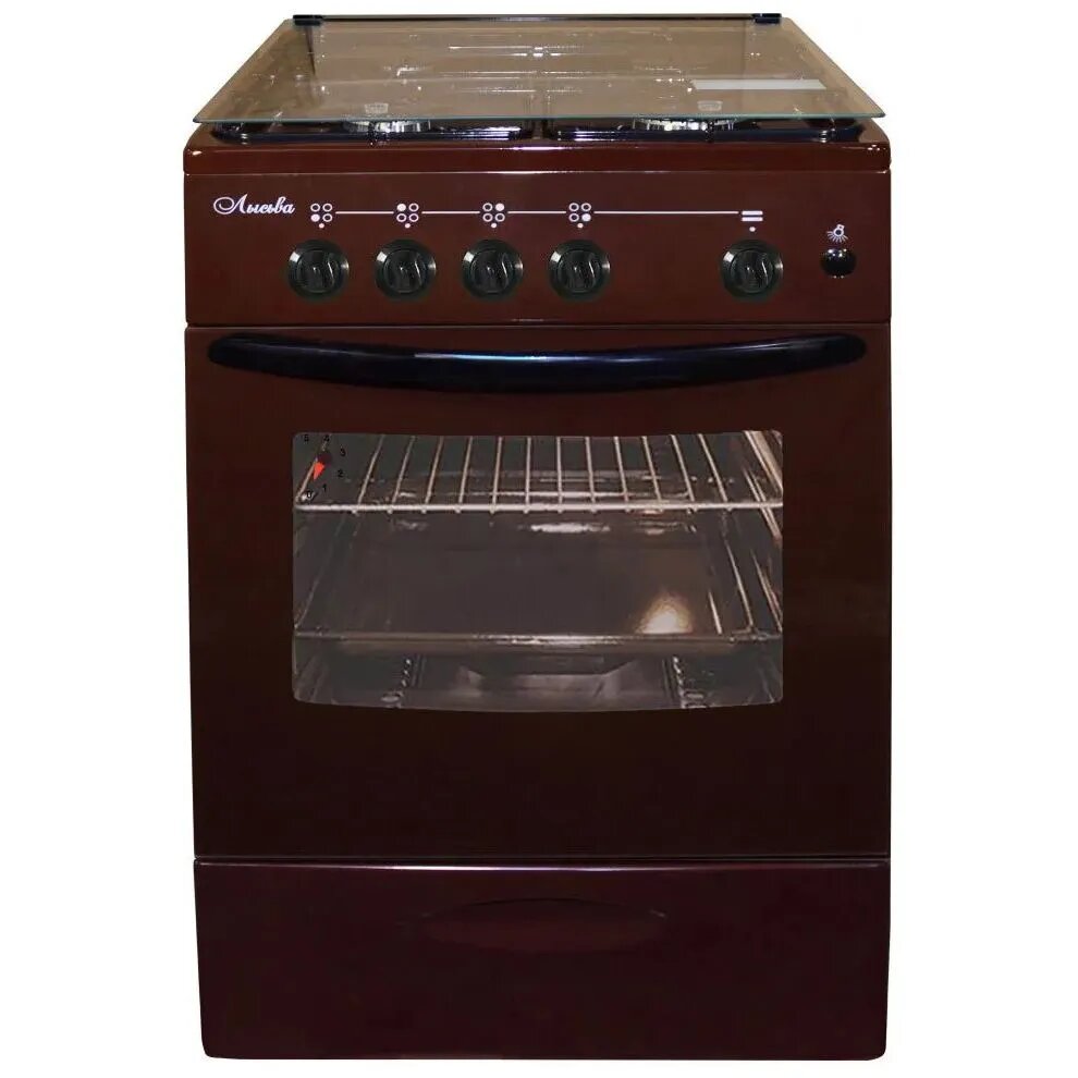 Газовая плита Лысьва ГП 4к20 МС-2у, цвет коричневый, стеклянная крышка, решётки из чугуна