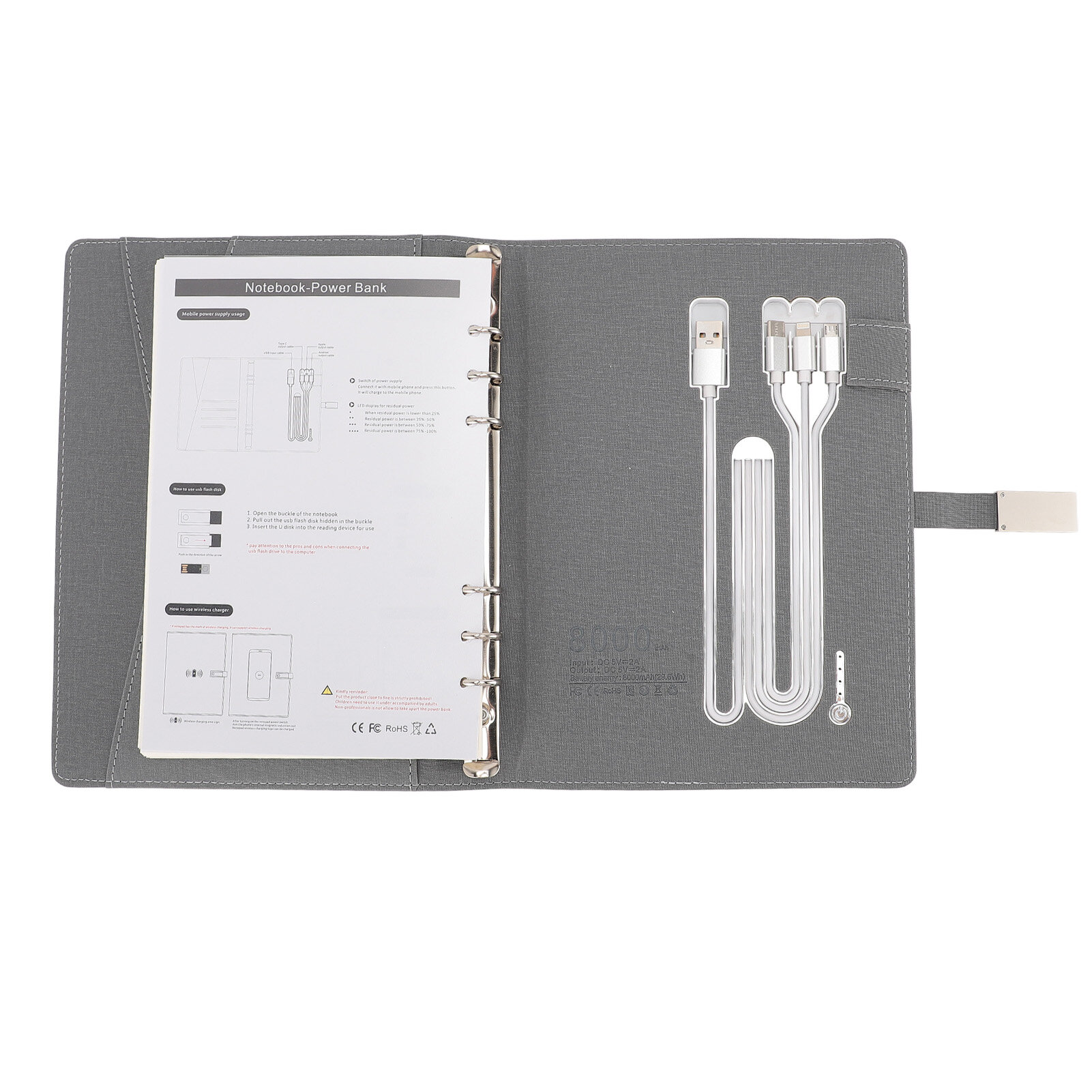 Беспроводной зарядный блокнот на 160 страниц с пауэрбанком 8000 мАч и USB флешкой для деловых встреч и учебы, серый (A5)
