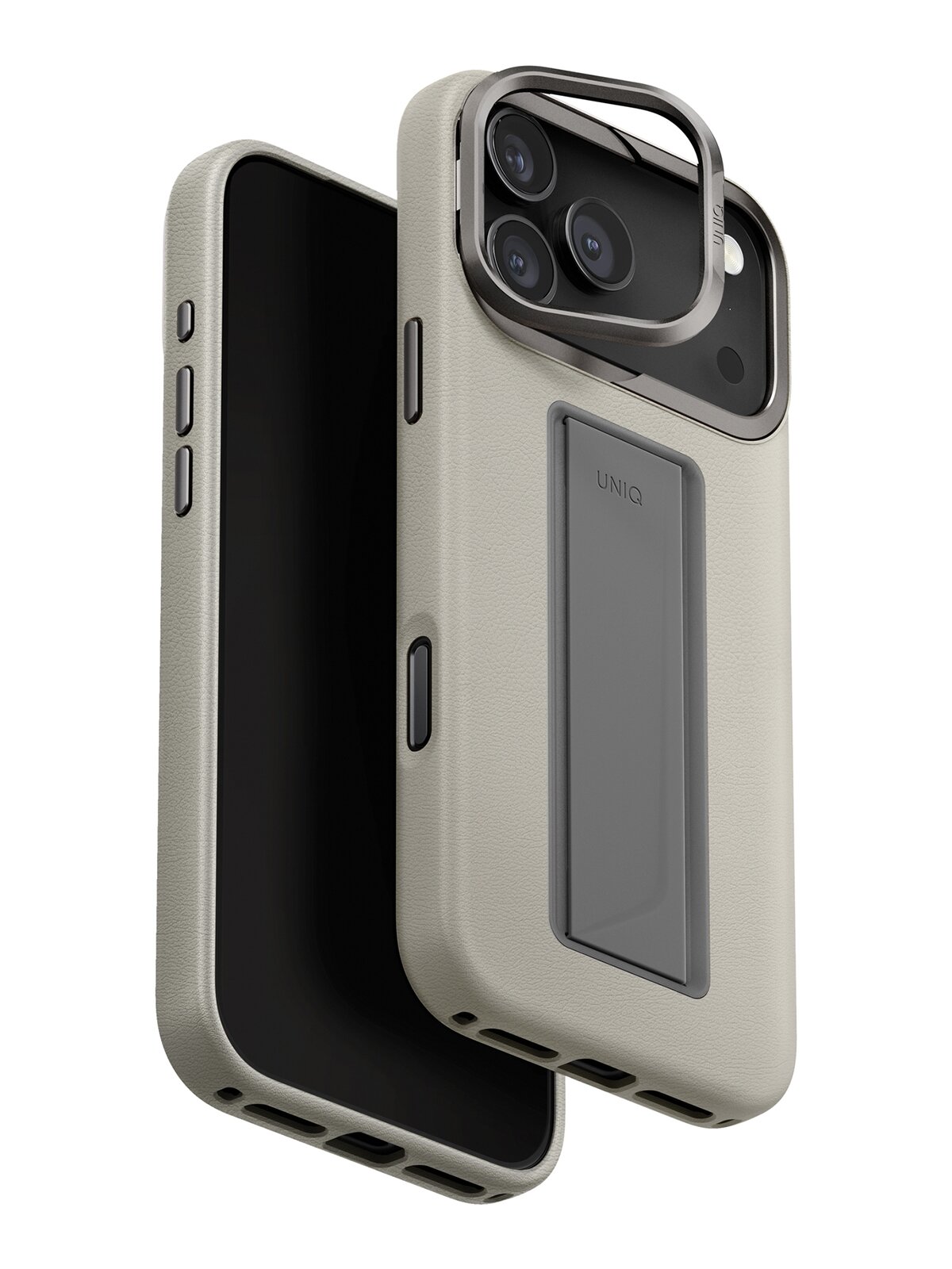 Uniq чехол MagSafe для iPhone 17 Pro Max, Heldro PRO из премиум экокожи, с ремешком, с функцией подставки, серый
