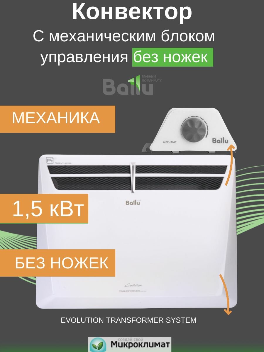Настенный обогреватель для дома конвекторный с механическим управлением Ballu Evolution Transformer BEC/EVU-1500-3M, мощность 1500Вт