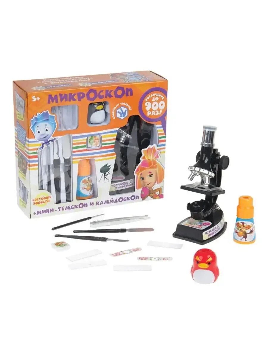 Микроскоп+мини-телескоп и калейдоскоп фиксики с набором для