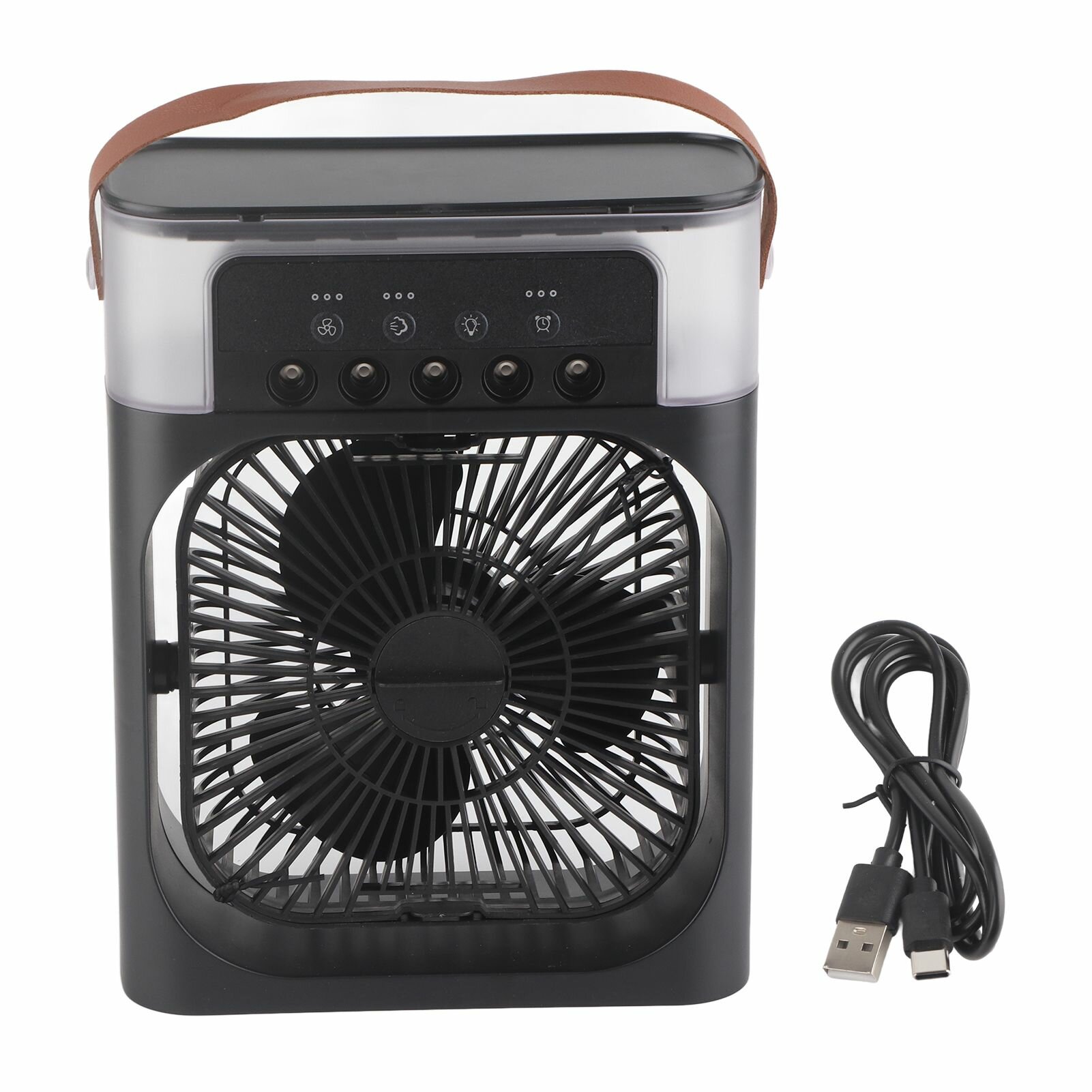 Компактный испарительный охладитель воздуха с резервуаром 600 мл, USB, подсветка 7 цветов, 3 скорости, увлажнитель для дома (черный)