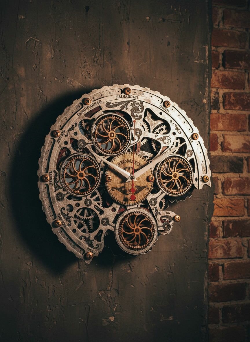 WOODandROOT Настенные часы ручной работы Automaton Bite 1682, старый металл, 30 см часы с вращающимися шестерёнками в стиле стимпанк и лофт