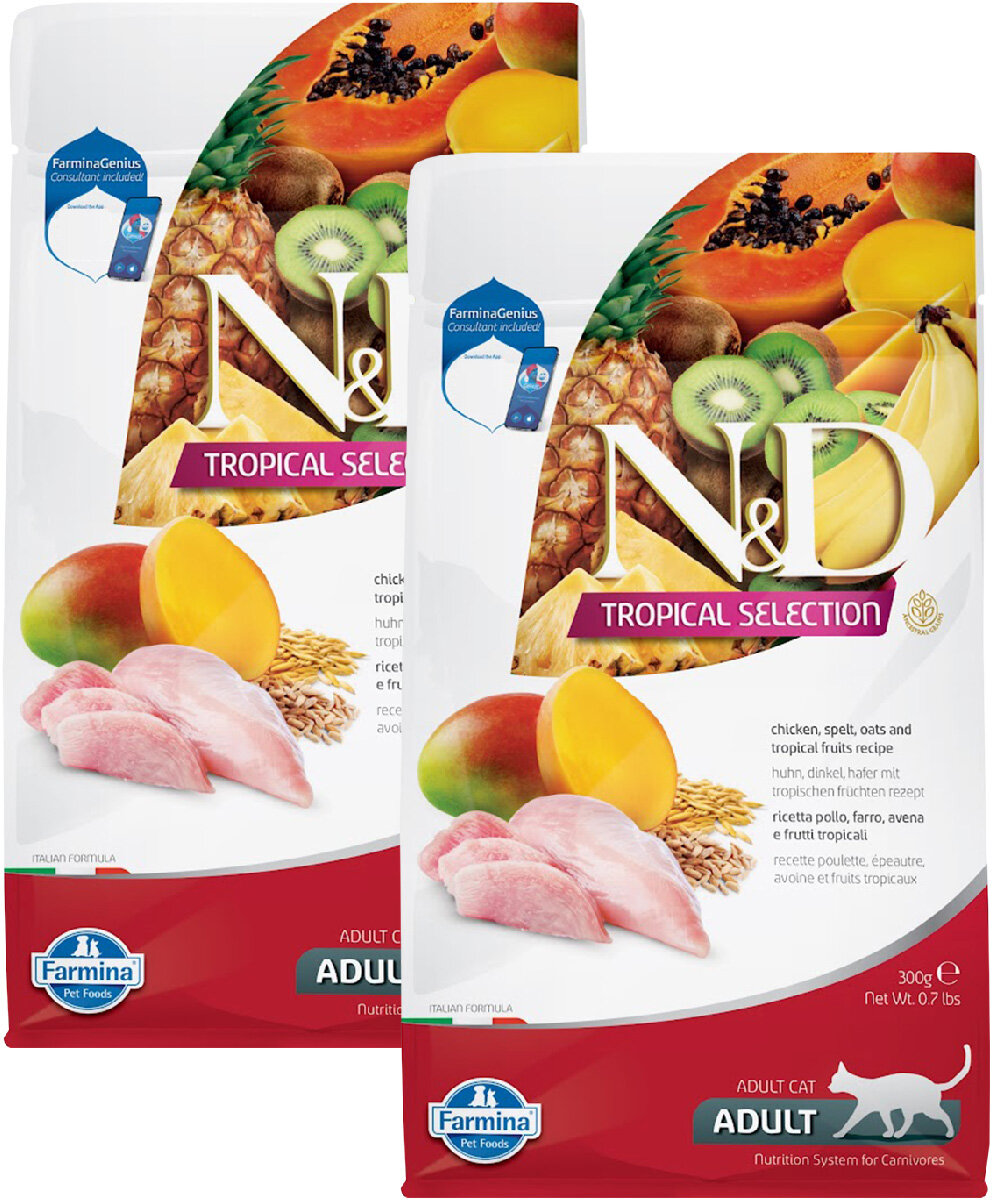 Корм сухой Farmina Cat N&D Tropical Selection Chicken низкозерновой для взрослых кошек, курица, спельта, овес и тропические фрукты, 0,3 + 0,3 кг