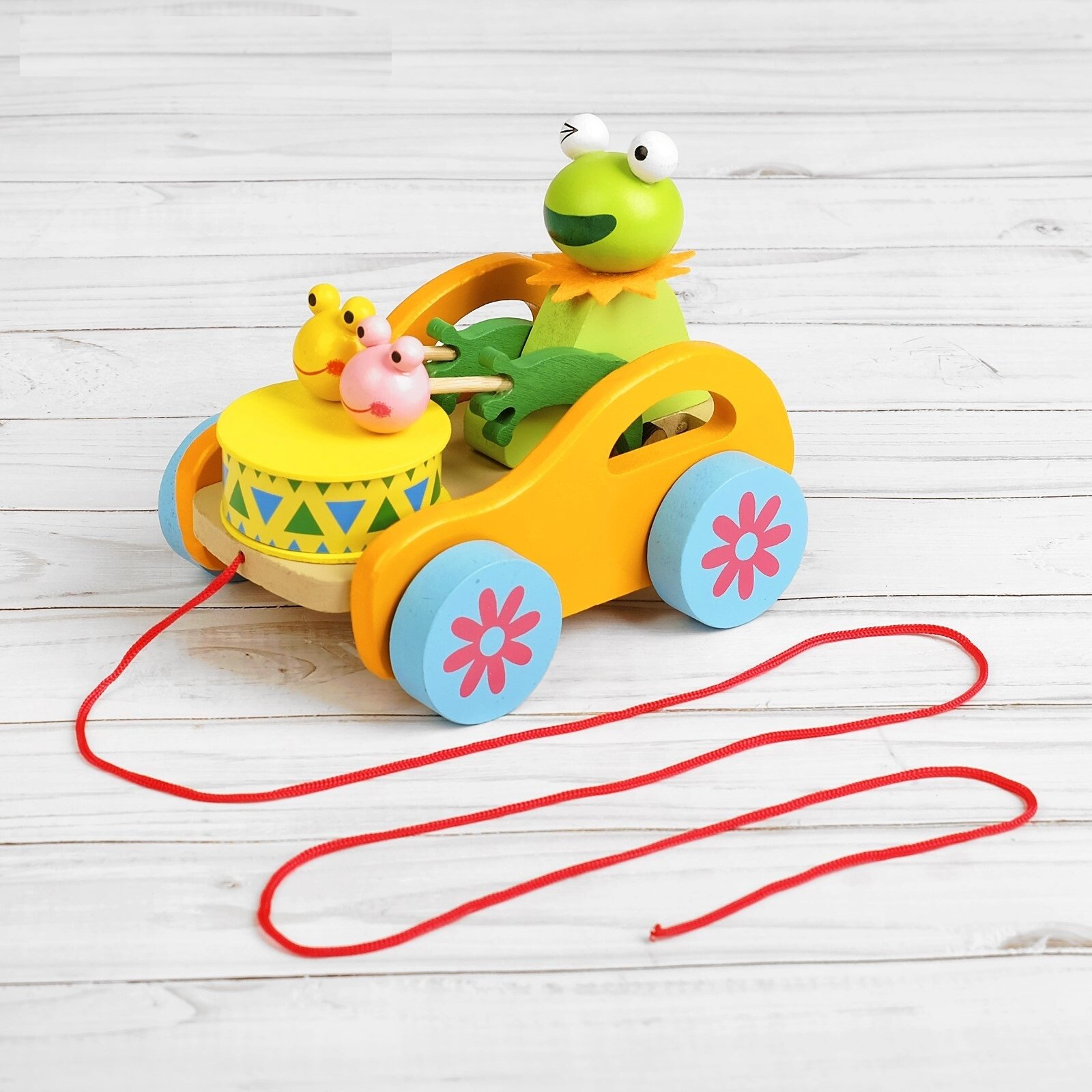 Каталка "Животные с барабанами" на верёвке, цвет микс, Сима-ленд