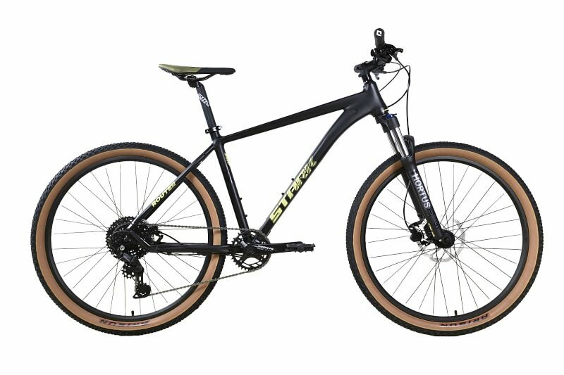 Горный велосипед Stark'25 Router 27.4 HD (Рама L/20", черный матовый/оливково-желтый)
