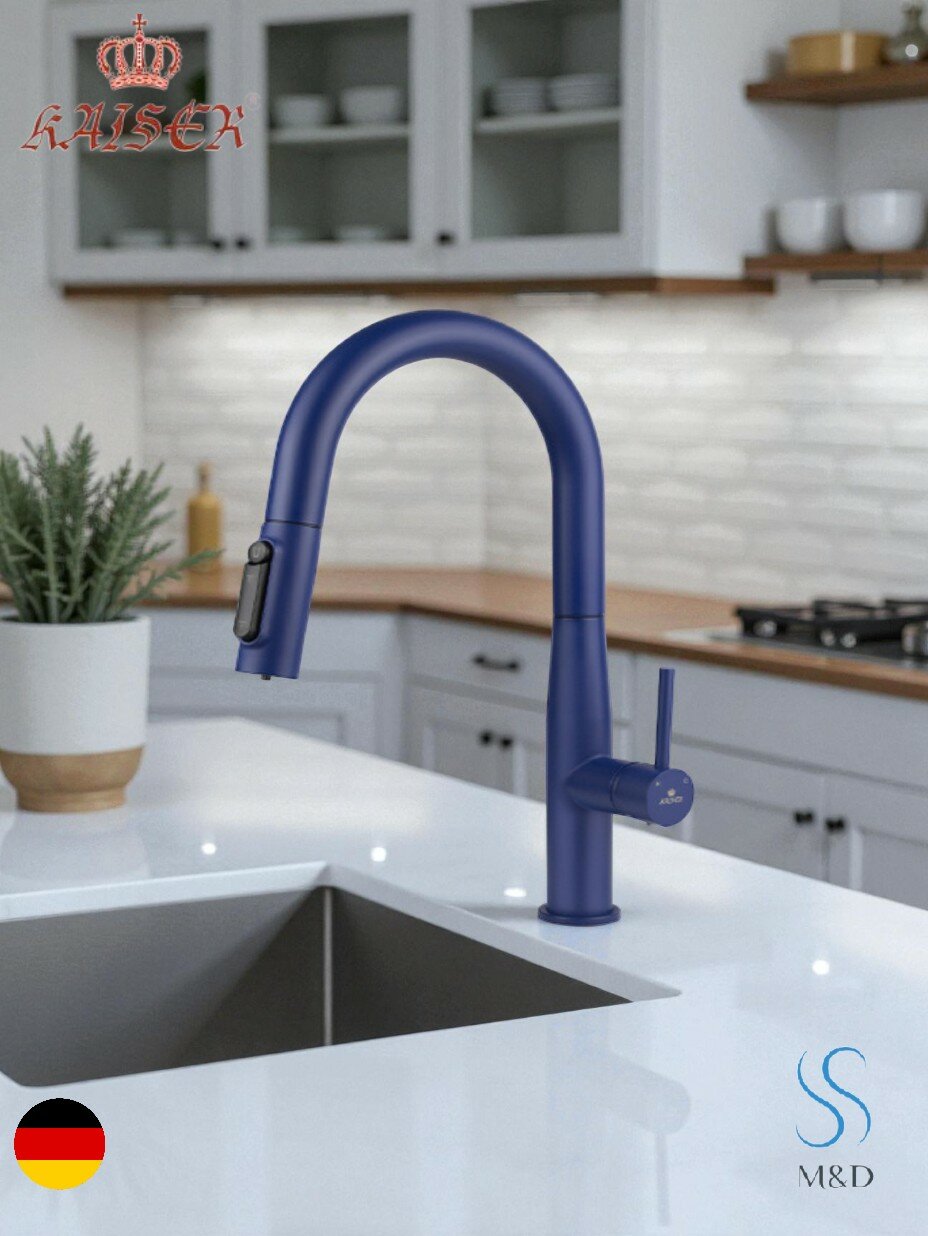 Смеситель для кухни KAISER 3 в 1 с подключением фильтра и выдвижным изливом , синий