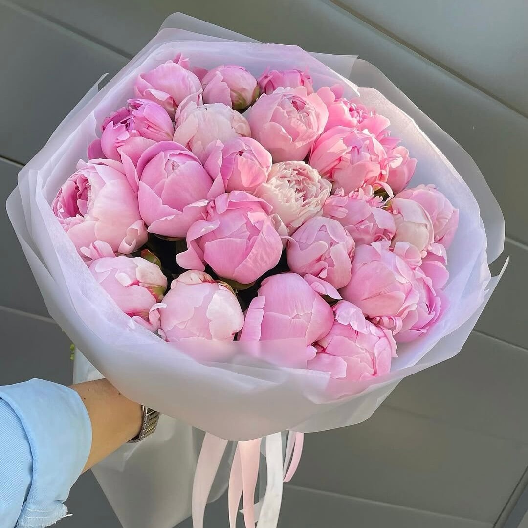 Букет из розовых пионов 25 шт, красивый букет цветов, шикарный, премиум цветы, премиум букет