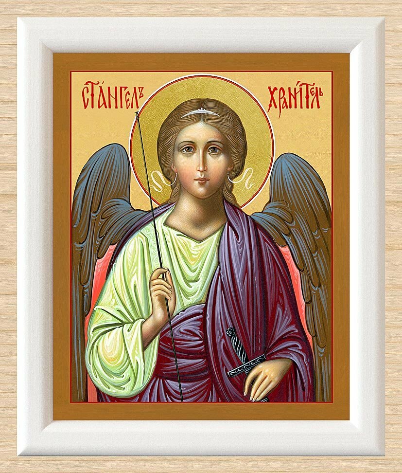 Ангел Хранитель (лик № 219), икона в белой деревянной рамке 17,5*20,5 см