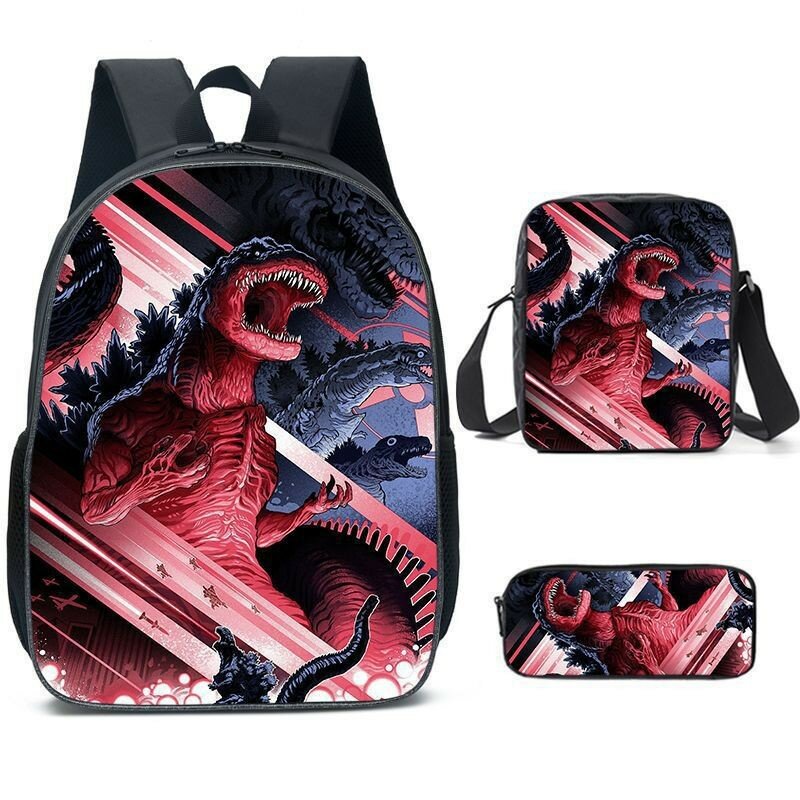 Новый трансграничный рюкзак Godzilla, сумка для ручек, сумка через плечо, комплект из трех предметов, модный рюкзак большой вместимости.