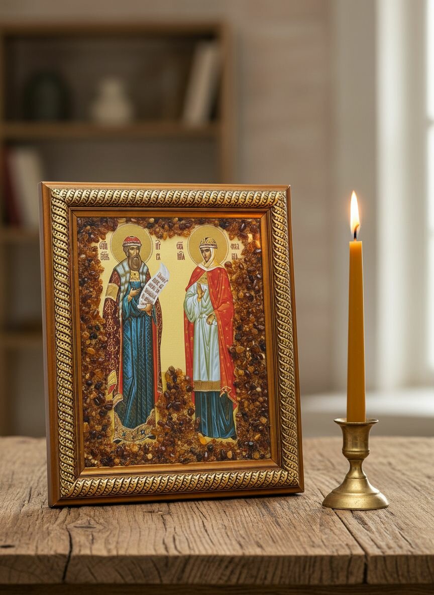 Икона с янтарем - Петр и Февронья