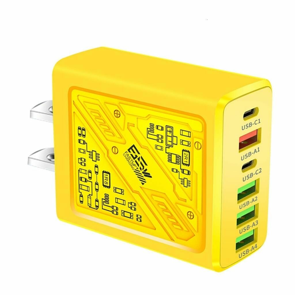 Зарядное устройство для 6 устройств с USB C и 4 USB портами, быстрое зарядное устройство для телефона, необходимое для путешествий, Yellow - US