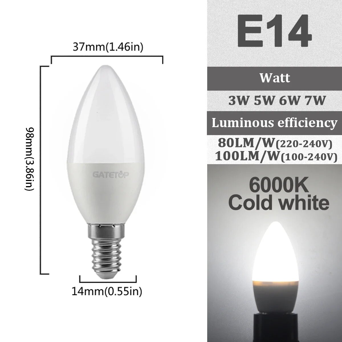 Светодиодная лампа E14 7W 6000K, 12pcs