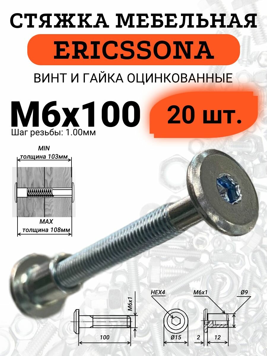 Стяжка мебельная 6х100, в комплекте винт и гайка ERICSSONA, 20 шт.