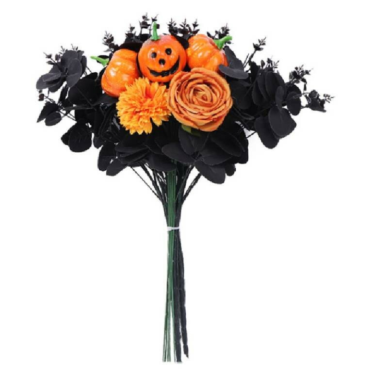Realistic artificial maple leaf bouquet for halloween decor with spooky pumpkin faces flower