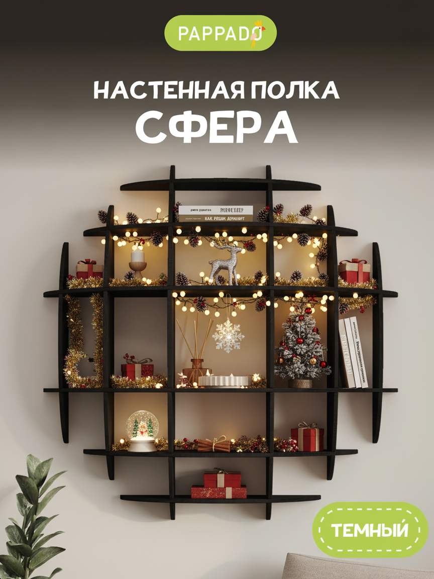 Настенная 3D полка "сфера" от "Pappado", цвет темный дуб, нагрузка 25 кг