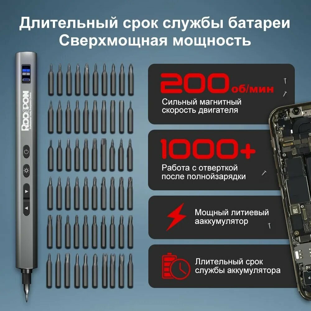 Электрическая отвертка RDDSPON Precision Screwdriver Kit с набором бит для точных работ ( с подсветкой , магнитная)