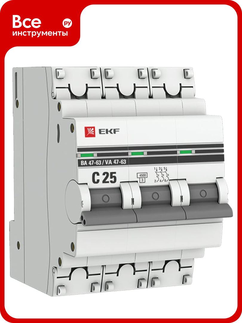 Автоматический трехполюсный выключатель EKF 3P 25А (C) 4,5kA ВА 47-63 PROxima mcb4763-3-25C-pro