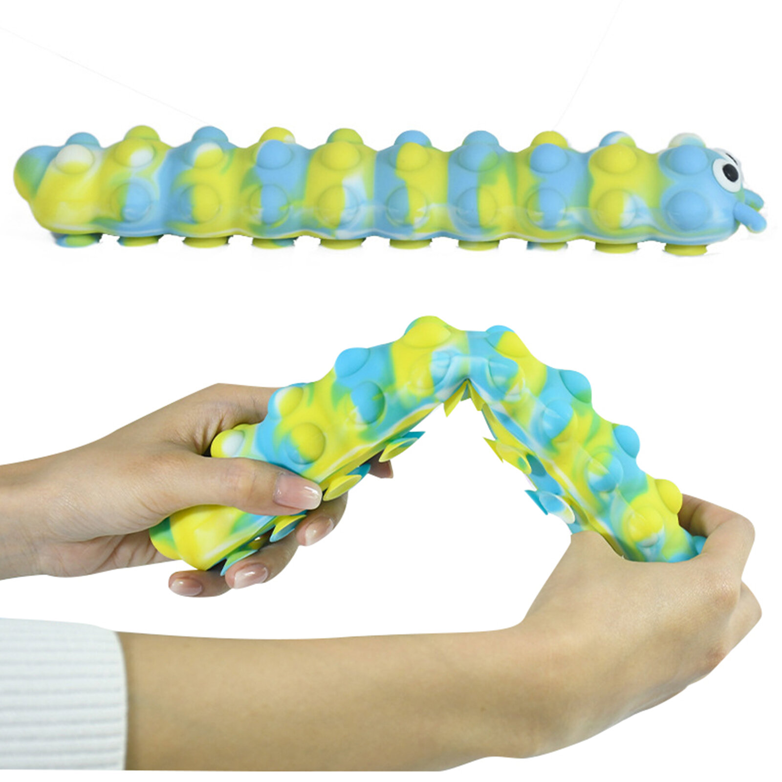 Игрушка для фиджета Popits гусеница декомпрессия присоска пузырьковый шар для выдоха свечение щипок сжимание офисный декомпрессионный артефакт, материал пищевая силикон, вес 79г, размеры 26см х 5см х 4,5см, цвета зеленый белый/белый пудровый синий/синий