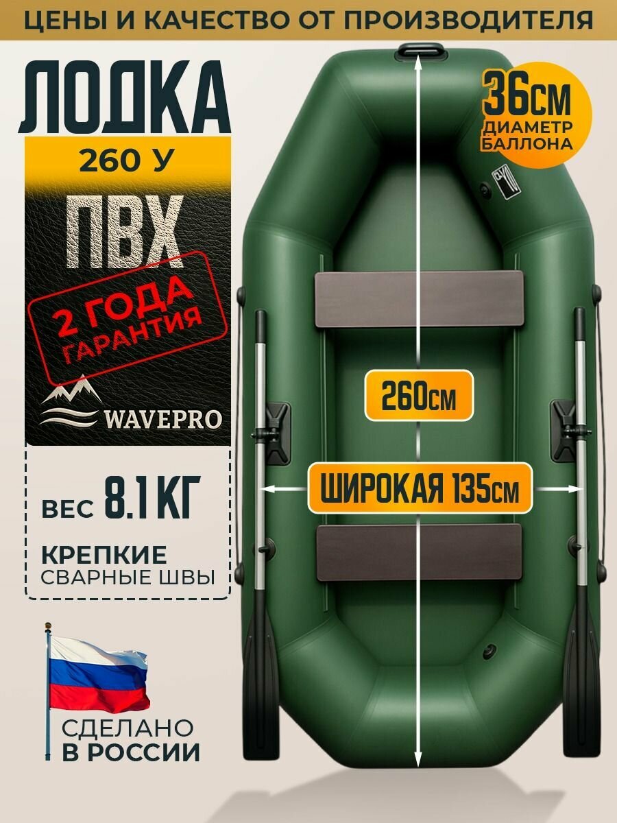 WavePro Лодка ПВХ надувная широкая для рыбалки 260 см двухместная, У зеленый