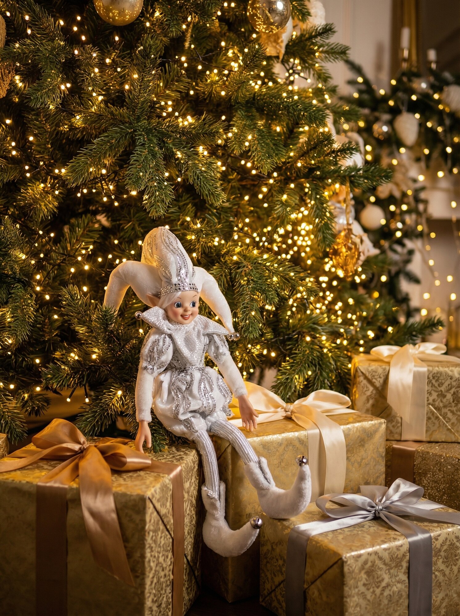 Новогодний декор для дома-Рождественский эльф под елку, 60 сантиметров, серебро