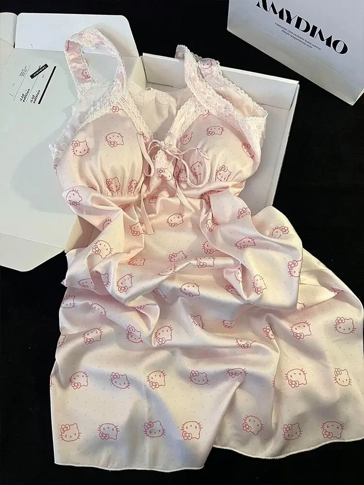 Пижамы Sanrio из ледяного шелка «Hello Kitty», летние подтяжки, шорты, костюм, милый, милый, свободный, с героями мультфильмов, удобные свободные, элитные подарки