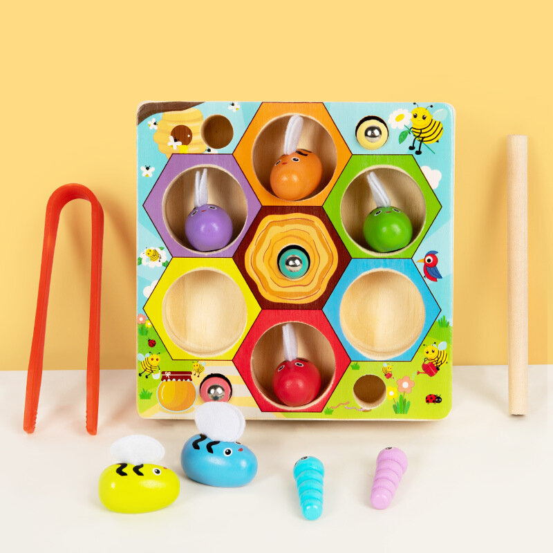 Детская деревянная игрушка-улей для рыбалки, развивающая концентрацию, ловля насекомых, цветовое познание, обучающая