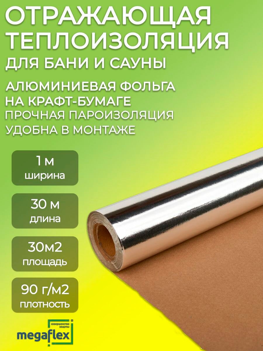 Алюминиевая фольга для бани и сауны на крафт-бумаге 30м2 Megaflex KF FOIL/ Отражающая изоляция для дома/ пароизоляция