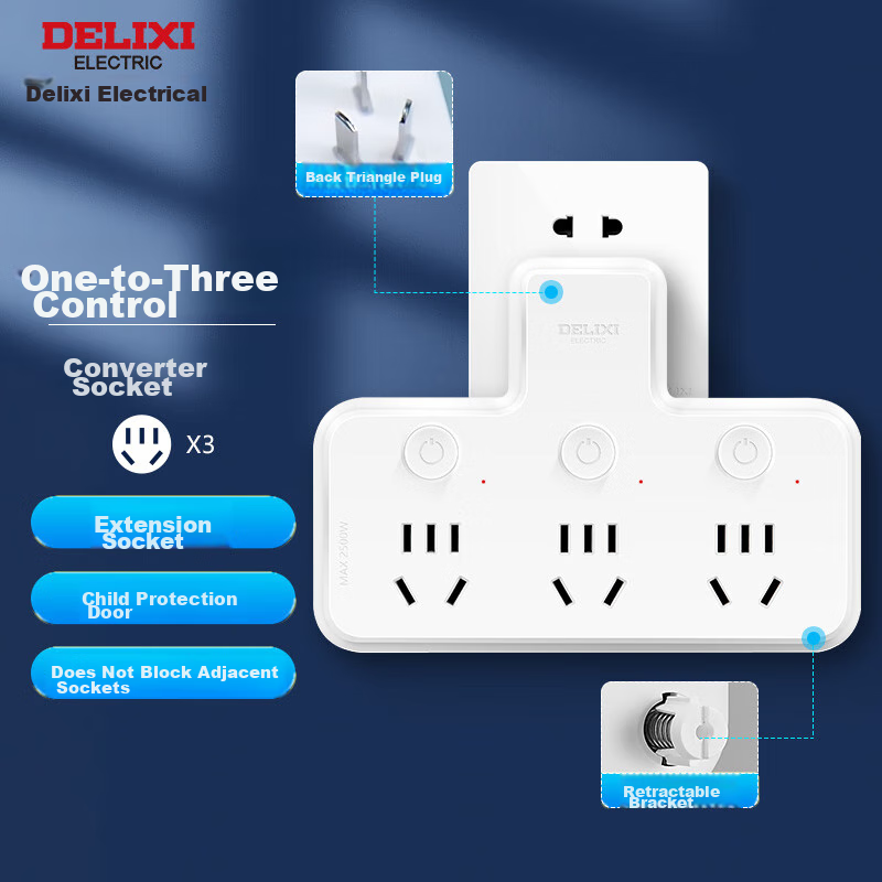 DELIXI Power Adapter/Three-Prong to One Socket/Wireless Power Converter/Power Converter/Power Strip/Power Strip with Individual Switches 3K3X/P