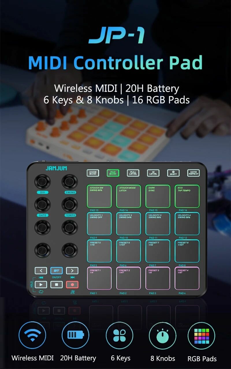 JAMJUM JP-1 Беспроводной MIDI-контроллер с 16 RGB-пэдами, 20ч батарея для живых выступлений электронной музыки