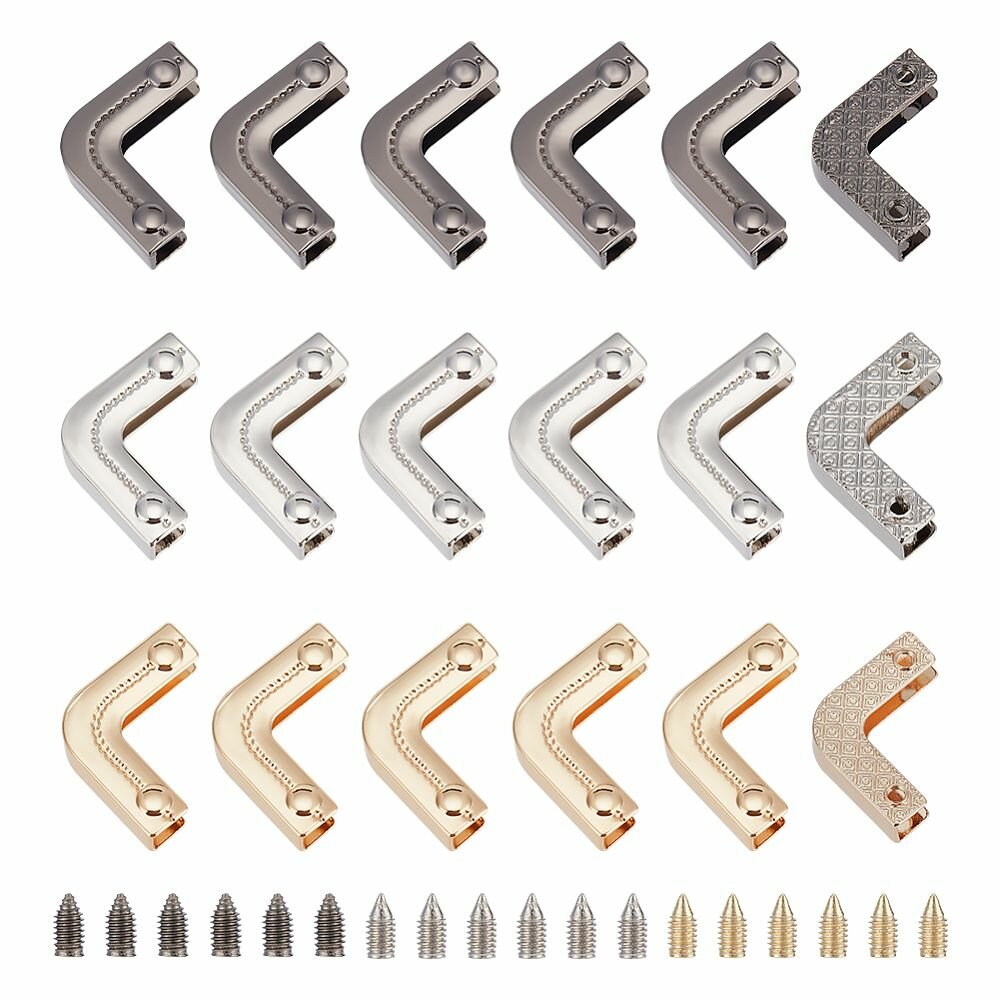 Фурнитура для сумок, декоративные защитные уголки из цинкового сплава 18 комплектов (3 цвета) с винтами и пластиковым контейнером, Г-образные уголки для ремонта и декора сумок