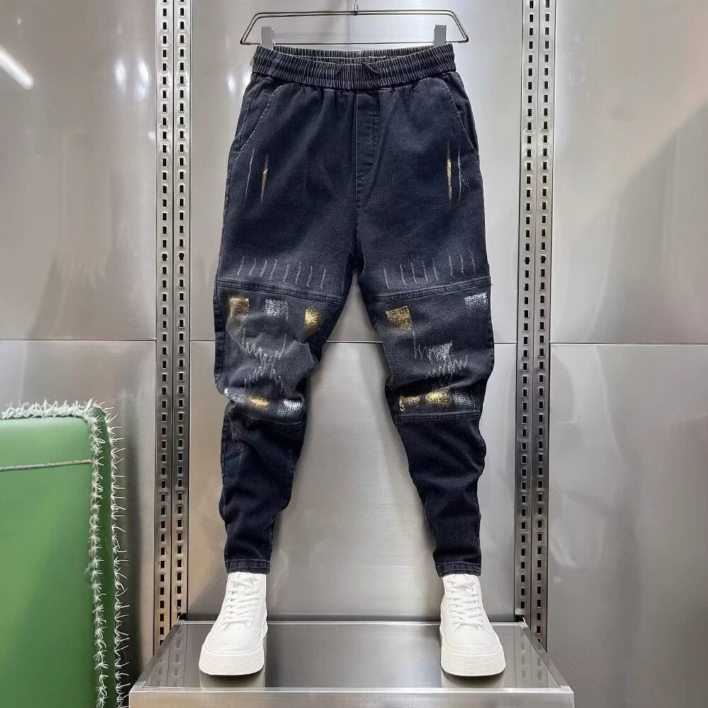 Тренд RONG CH Мужские Джинсы Премиум Печать Кроп Европейские Слим Потертые Деним, Размер_31