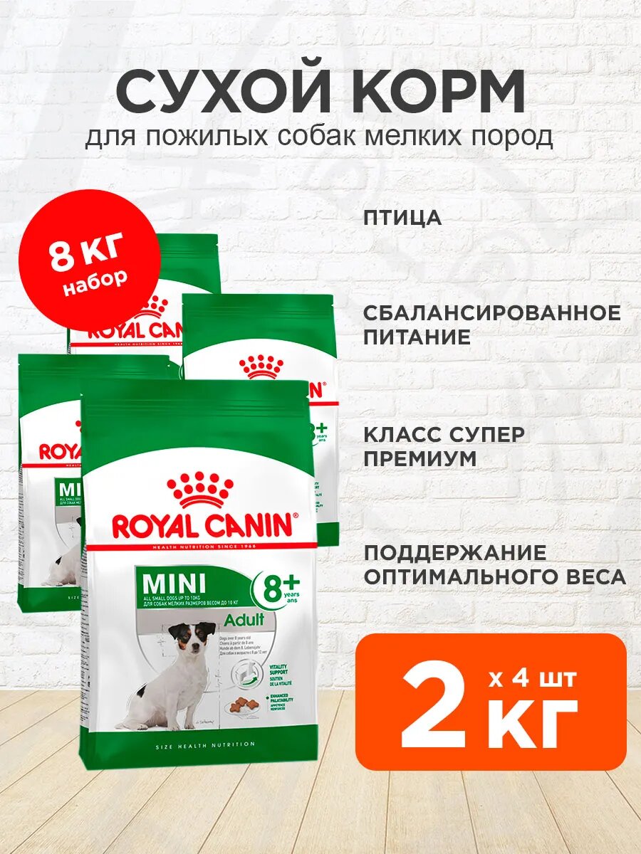Корм сухой Royal Canin Mini Adult 8+ для пожилых собак маленьких пород старше 8 лет, 2 кг x 4 шт