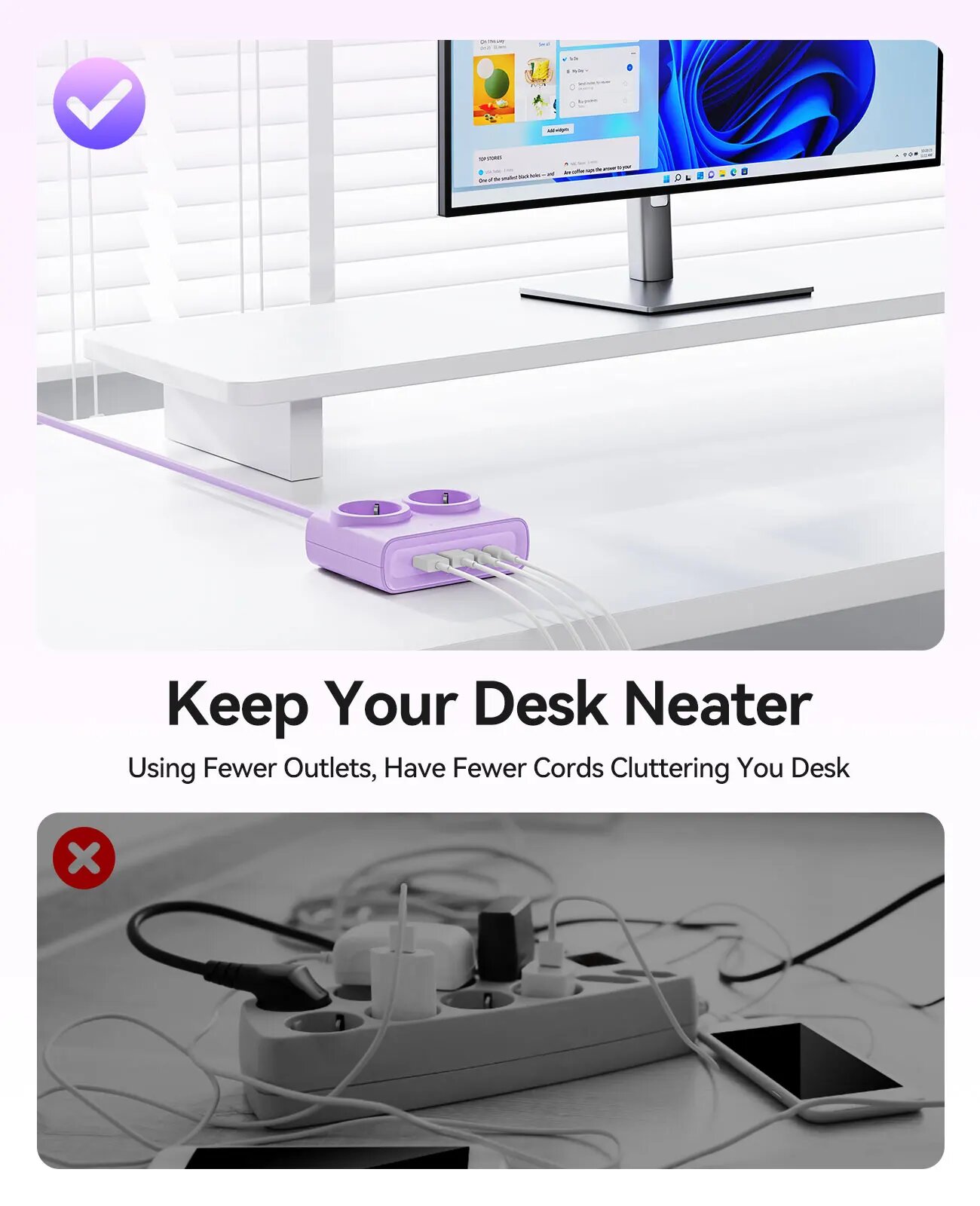 ORICO удлинитель с 2 розетками, 2 USB-A, 2 USB-C, 160см, 25W Purple — фото 1