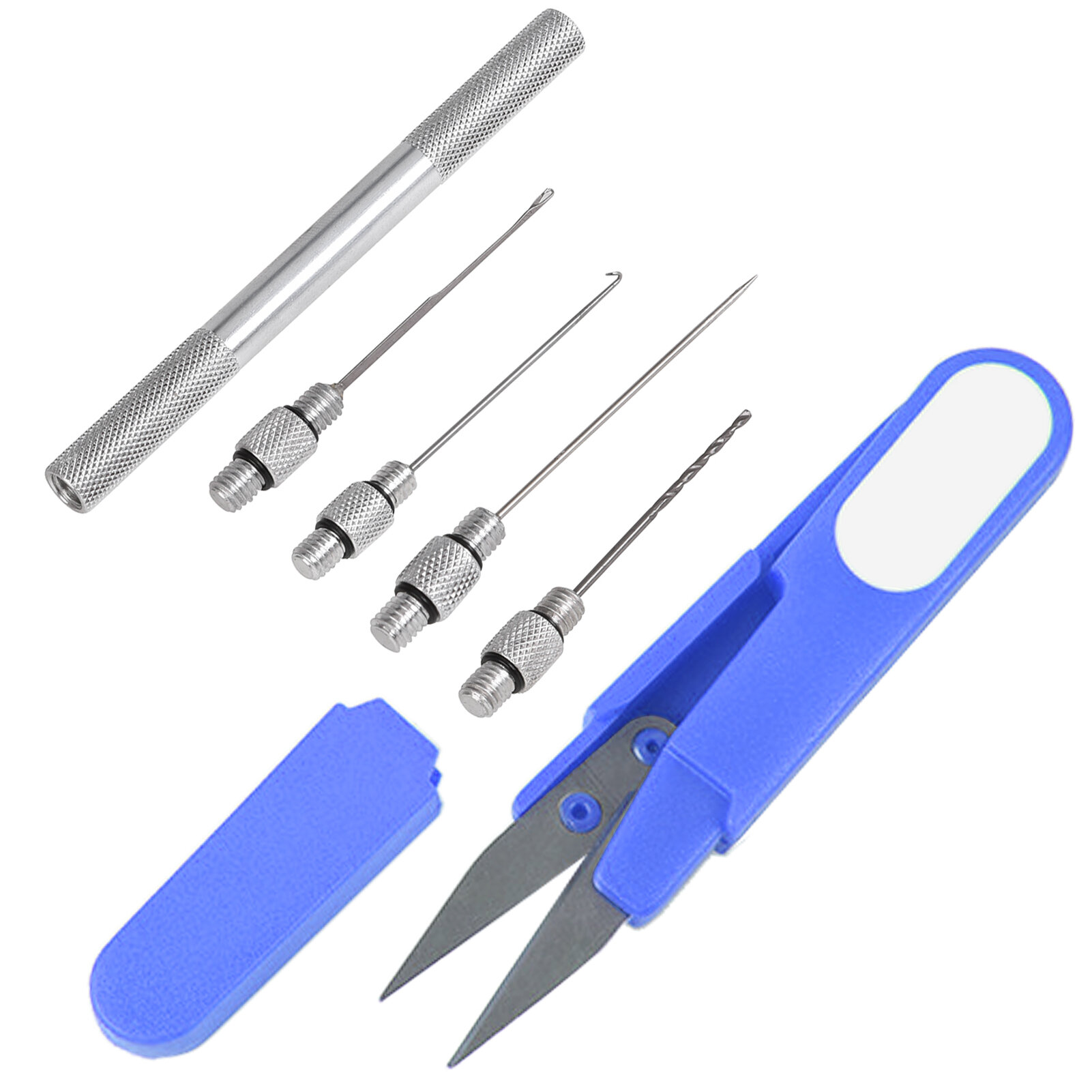 Набор инструментов для укладки приманок для ловли карпа с иглой для приманок, сверлом для бойли, стрингер-иглой, ножницами для лески: игла для приманок 72мм, крючковая игла 68мм, стрингер-игла 66мм, сверло 62мм, держатель для игл, ножницы пластиковые